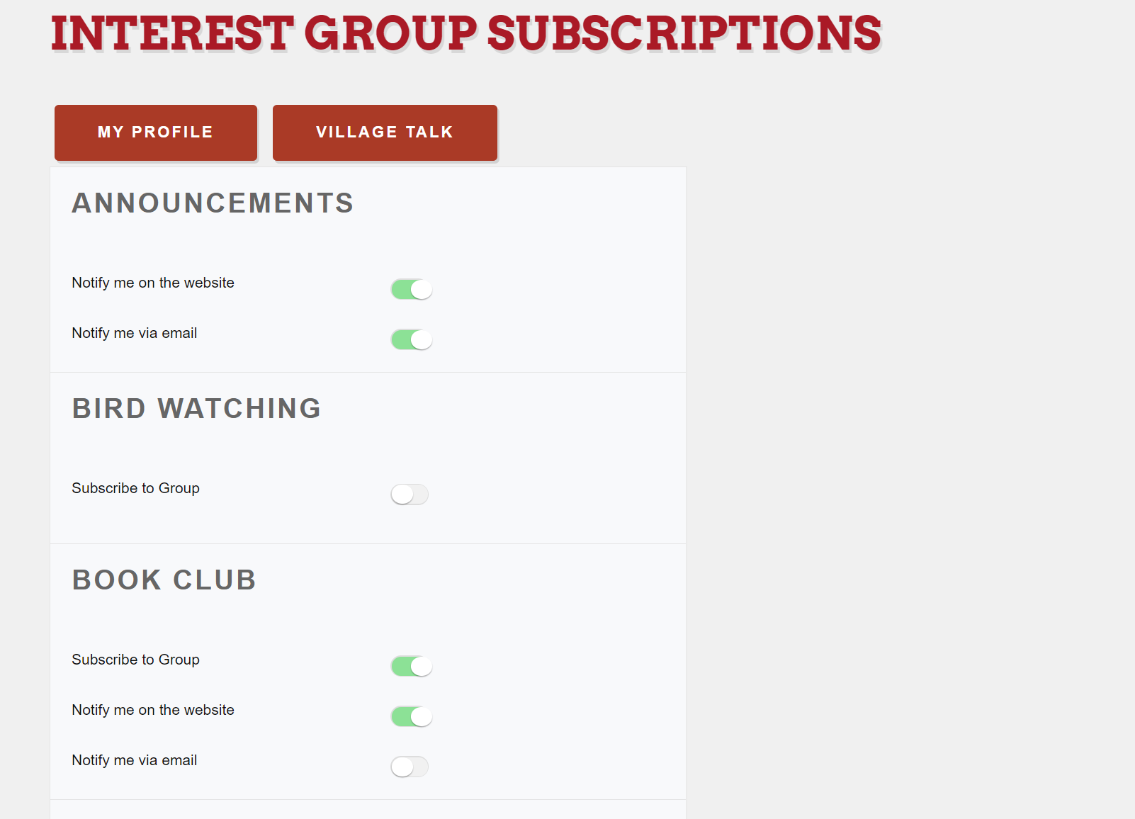 How can a member manage their interest group settings in Village Talk ...
