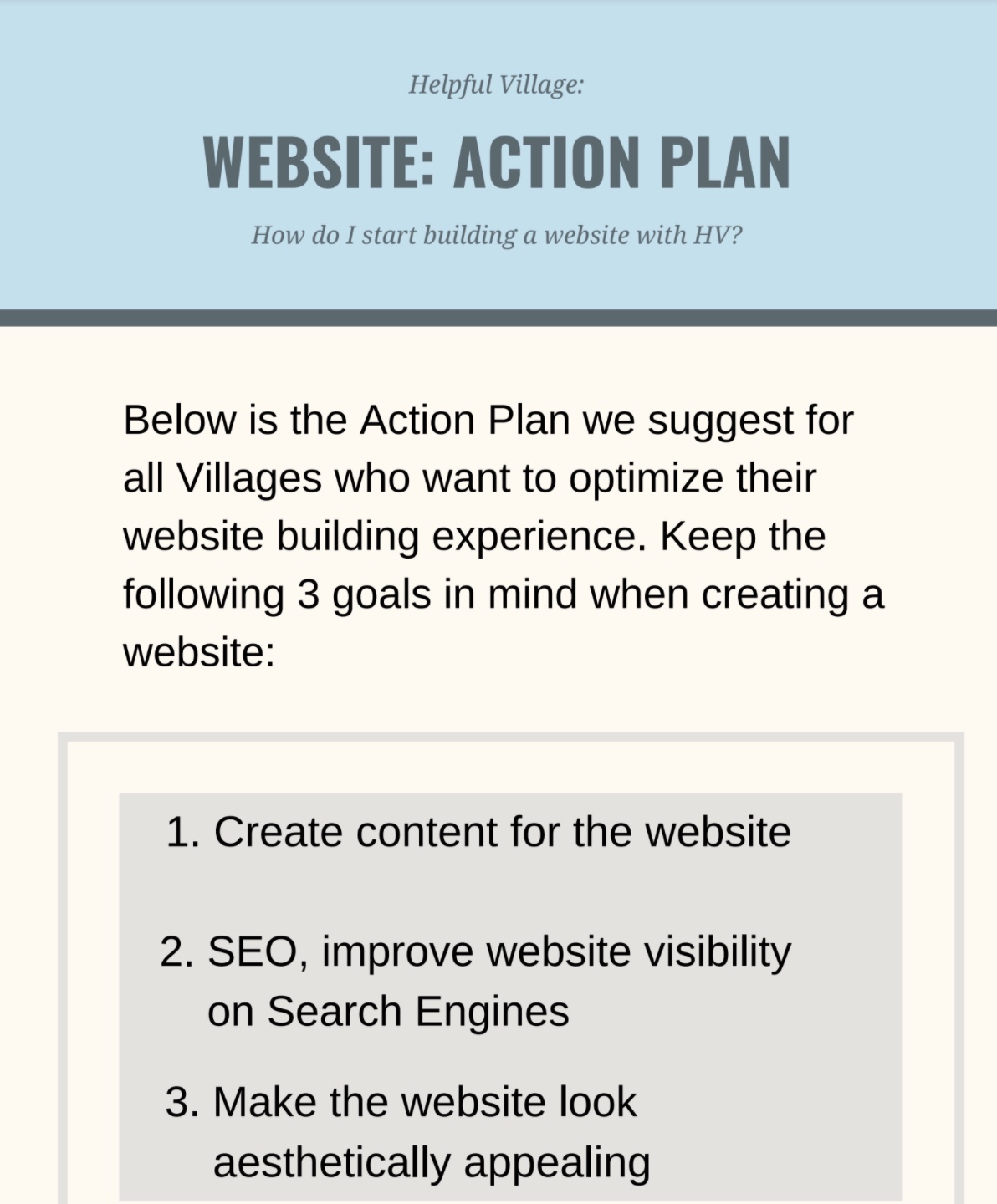 Website Building Action Plan – HELPFUL VILLAGE